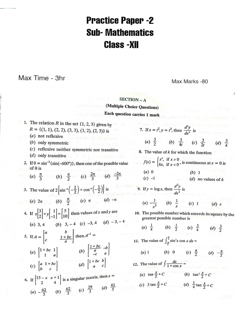 Practice Paper 2 Maths XII | PDF