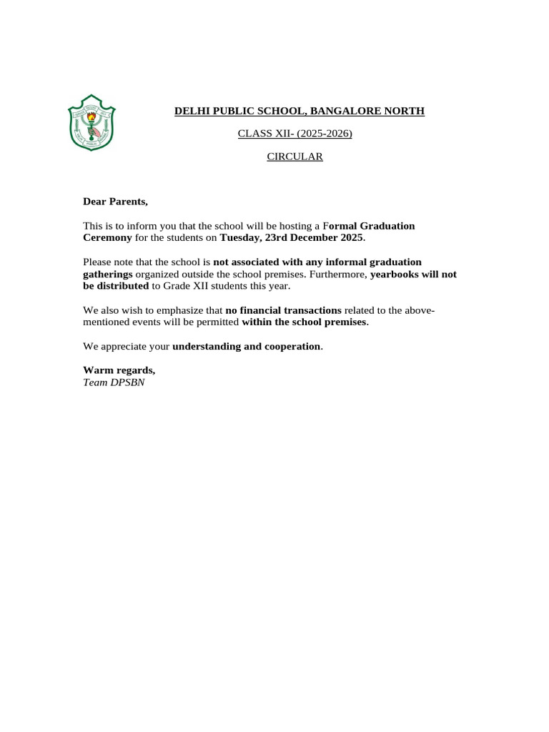 DPS Bangalore North Graduation Ceremony Notice | PDF
