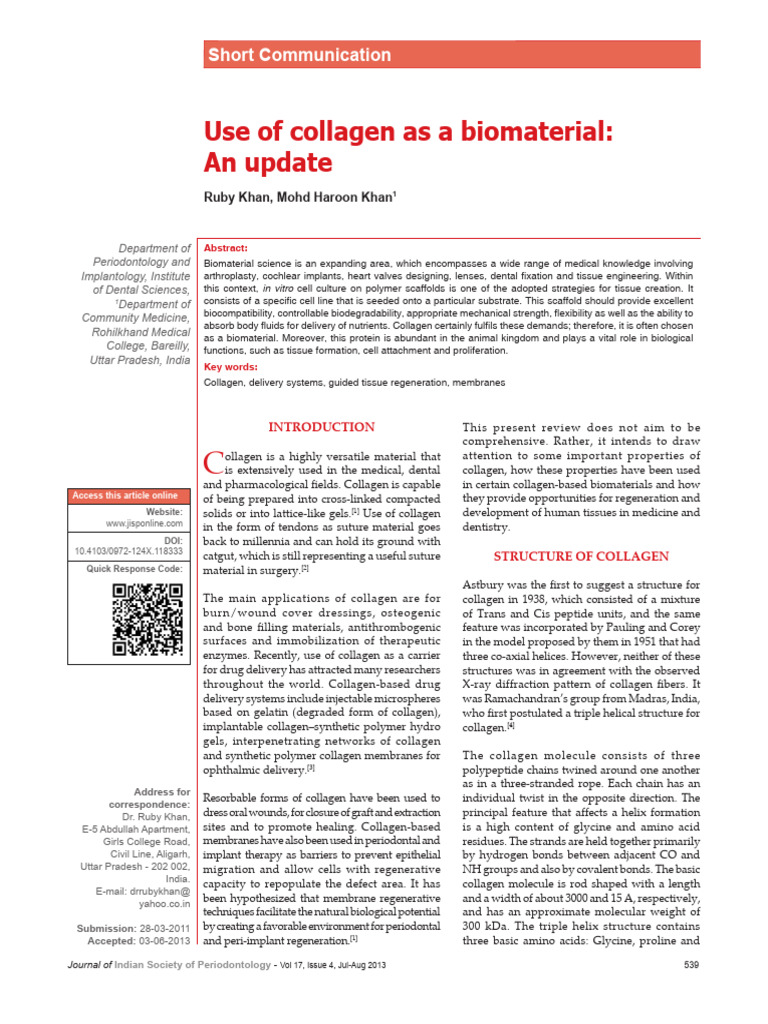 Collagen as a Versatile Biomaterial | PDF | Tissue Engineering | Collagen