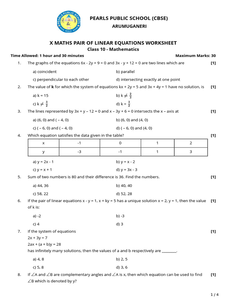 Pair of Linear Equations in Two Variables | PDF | Equations | Angle