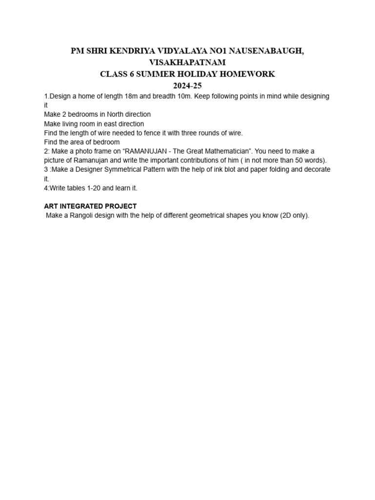 Class 6 Summer Holiday Homework Maths | PDF