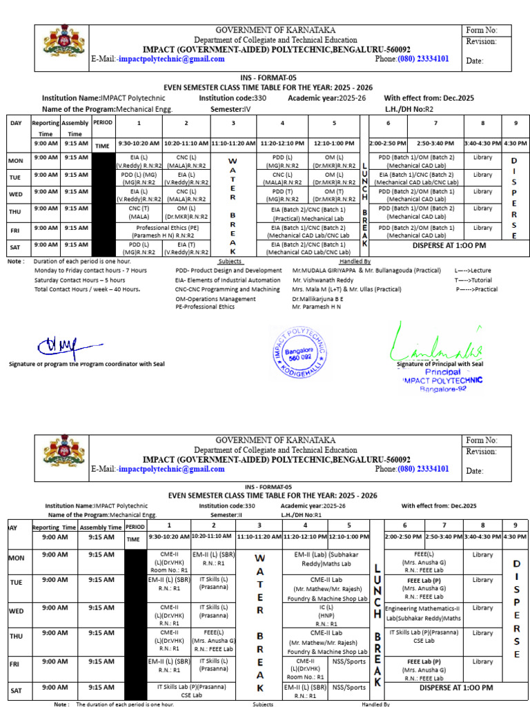 Even Semester Time Table 2025-26 Mechanical Engg. | PDF