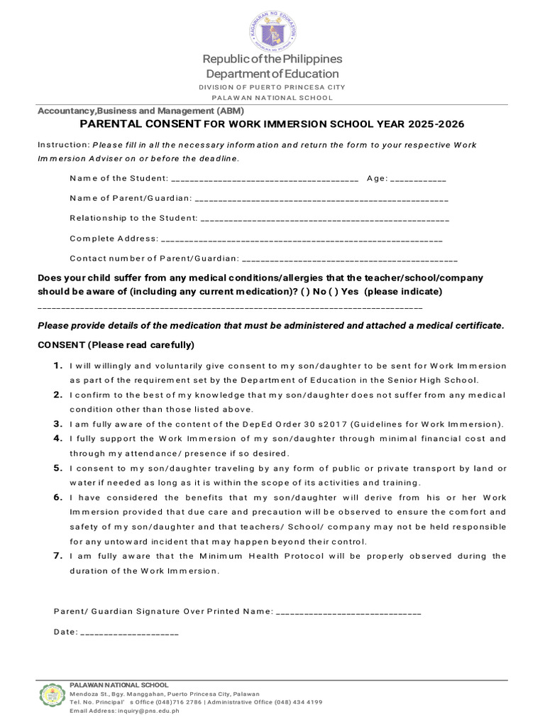 Parental Consent for Work Immersion 2025-2026 | PDF