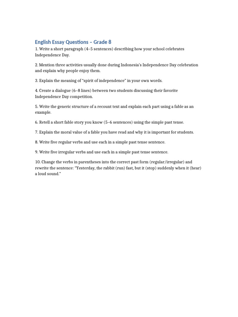 English Essay Questions Grade8 | PDF