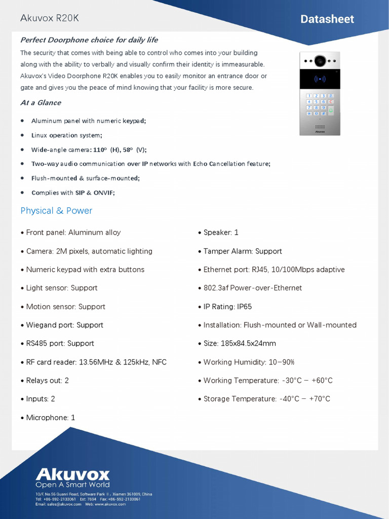 Akuvox R20K Datasheet V2.0 | PDF