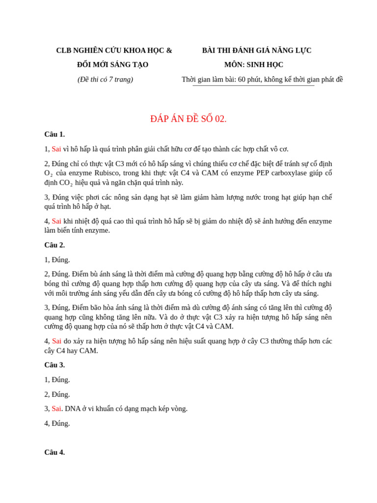 Dap an de Sinh Hoc So 2 Ptt | PDF