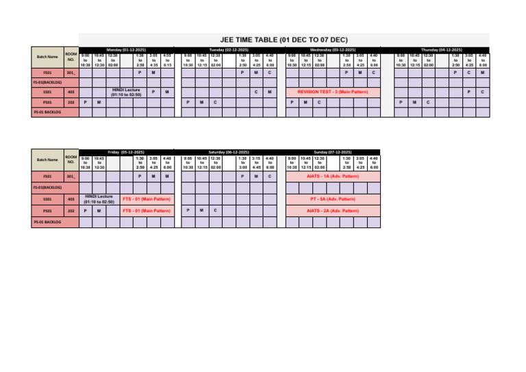 JEE Time Table: Dec 1-7, 2025 | PDF