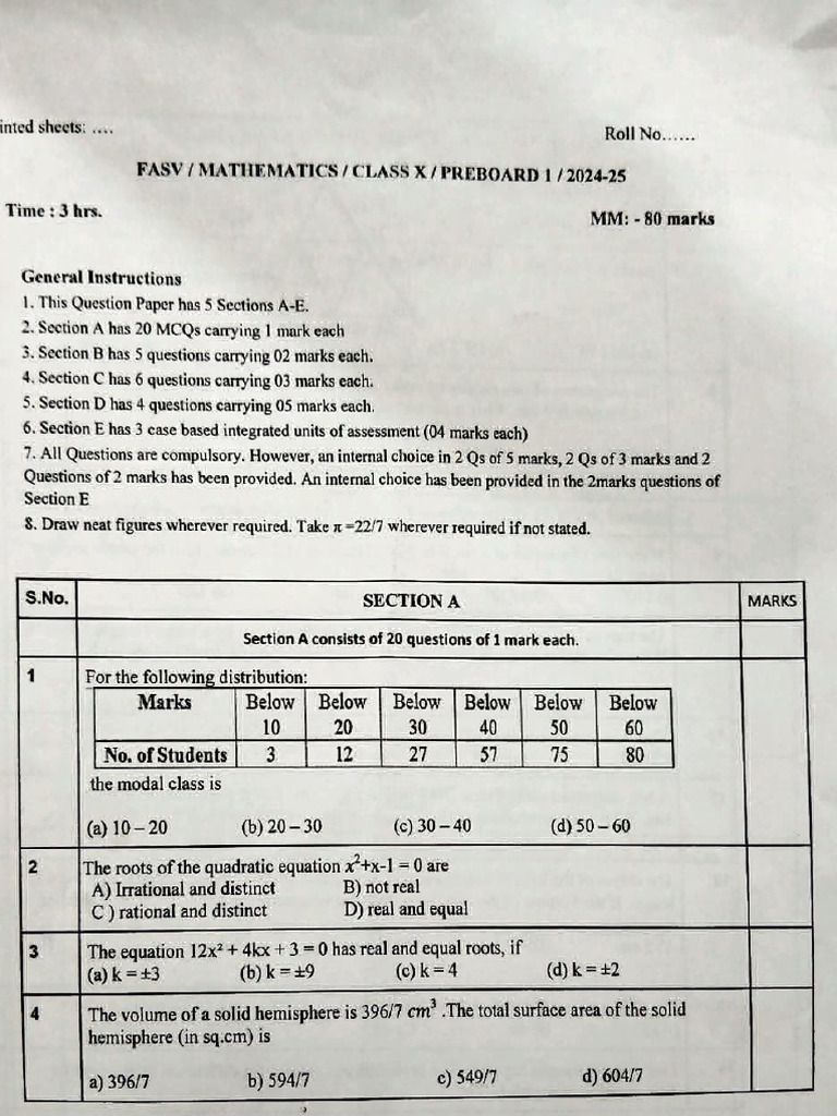 Class X Mathematics Preboard Exam 2024-25 | PDF | Circle | Area