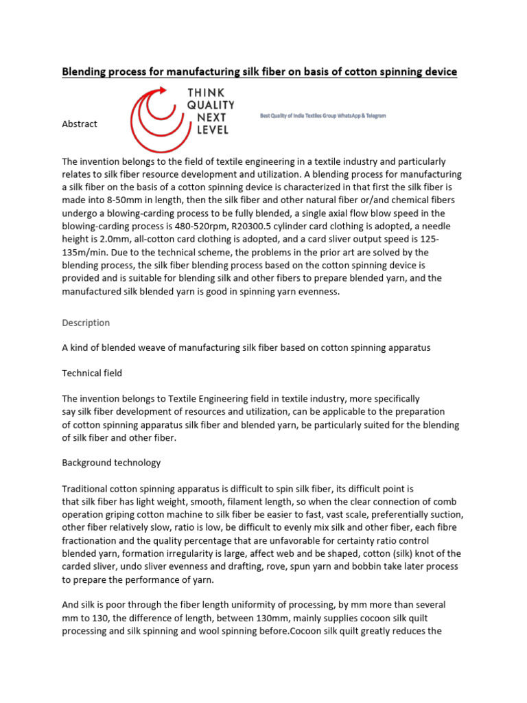 Blending Process for Manufacturing Silk Fiber on Basis of Cotton | PDF ...