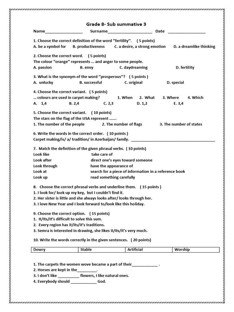 Grade 8 Vocabulary and Grammar Quiz | PDF