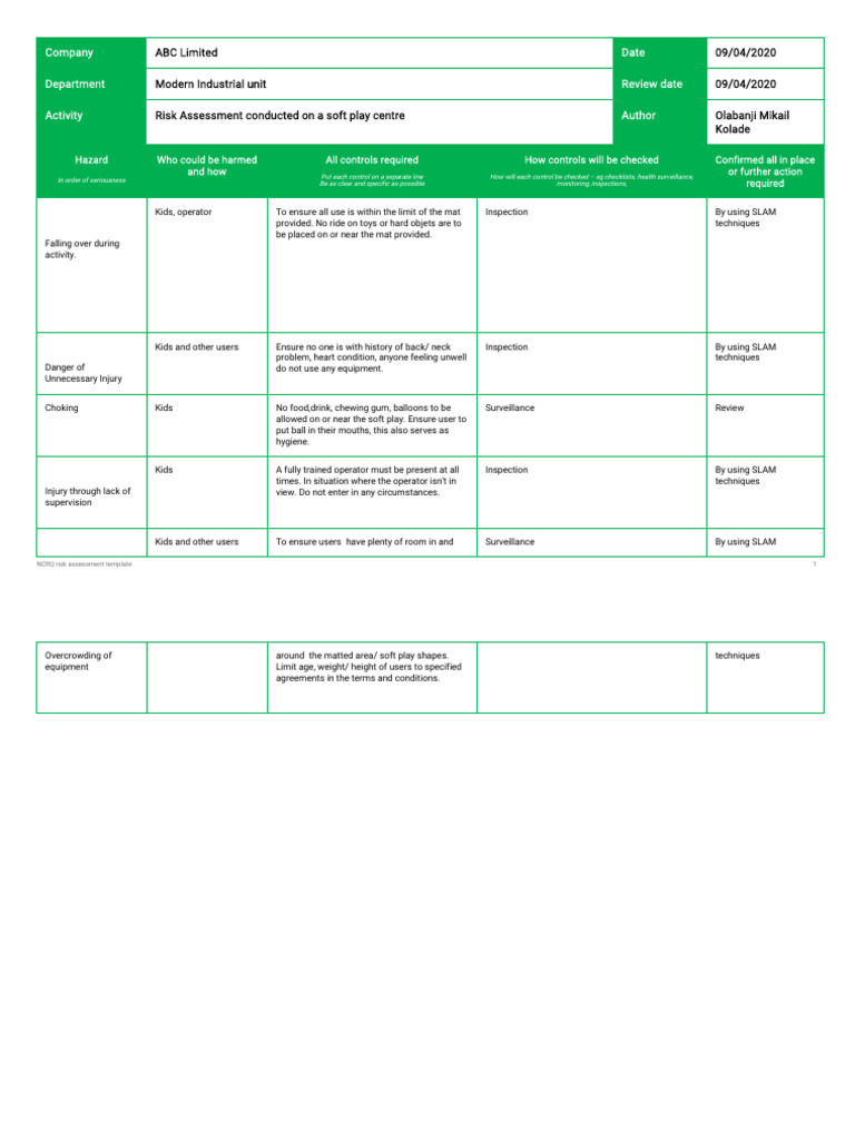 Risk Assessment On Children's Soft Play Centre | PDF