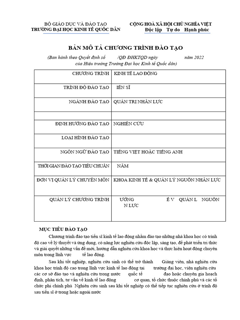 Ban Mo Ta Chuong Trinh Dao Tao - KTLD | PDF