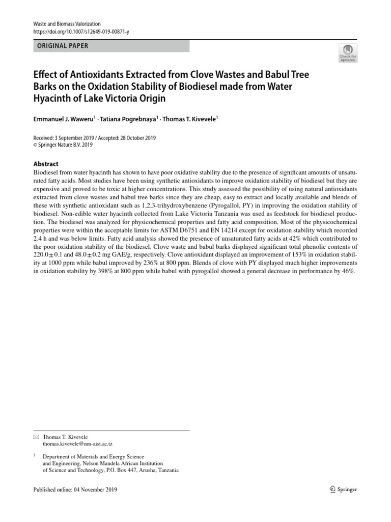 Effect of Antioxidants Extracted From Clove Wastes and Babul Tree Barks ...