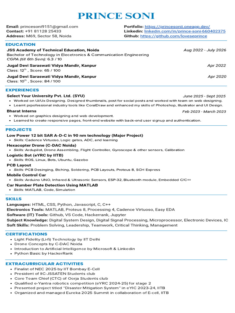 Prince Soni Resume | PDF | Electronics | Computer Engineering