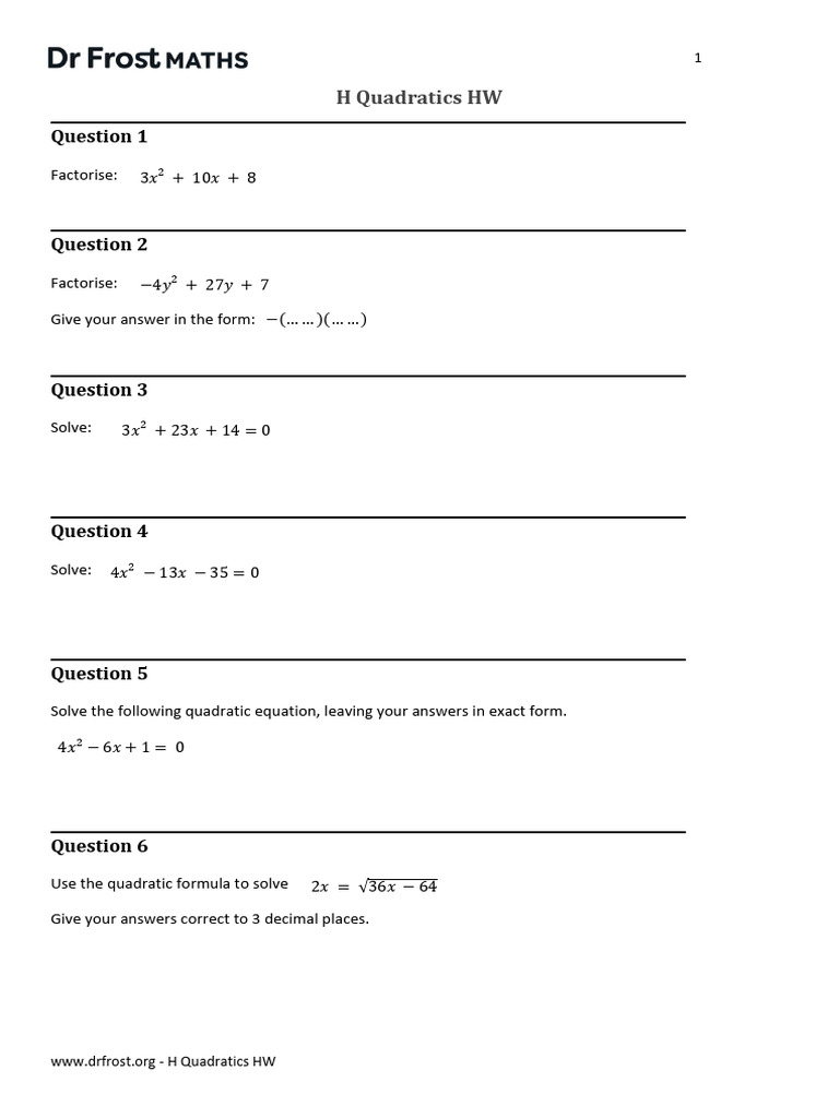 H Quadratics HW Nov 25 | PDF | Quadratic Equation | Factorization
