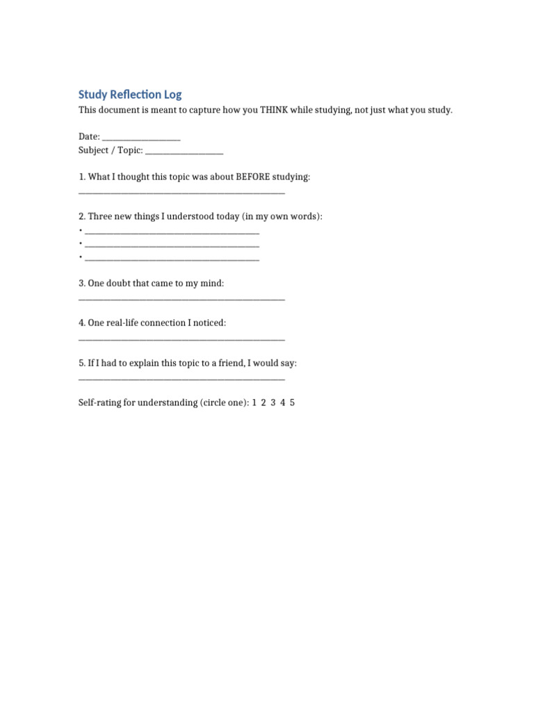 Study Reflection Log Template | PDF