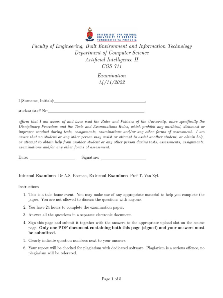 COS711_exam_2022 | PDF | Artificial Intelligence | Intelligence (AI ...