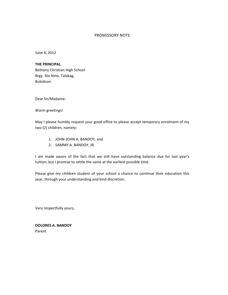 Promissory Note for School Enrollment | PDF
