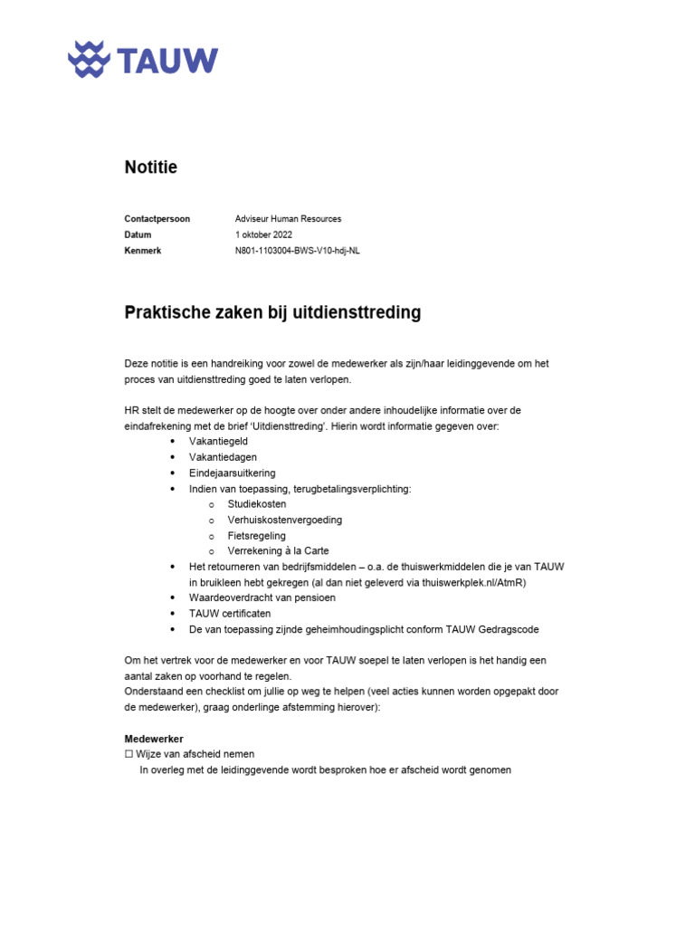 N801 1103004BWS V10 HDJ NL Praktische Zaken Bij Uitdiensttreding | PDF