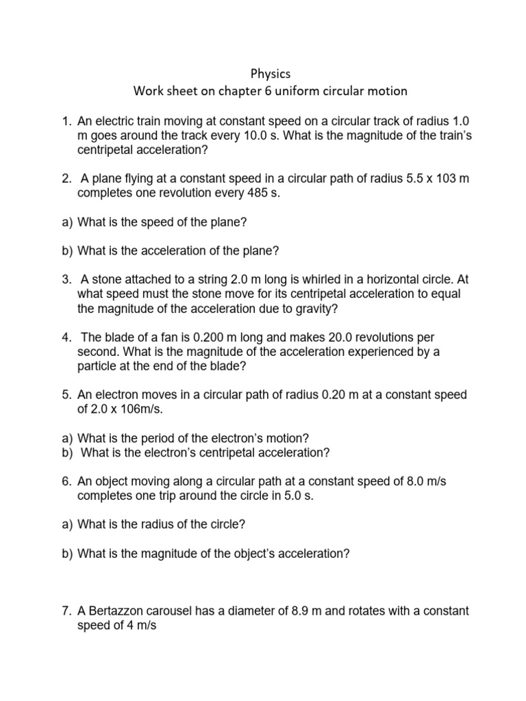 Uniform Circular Motion Physics Worksheet | PDF | Acceleration | Velocity