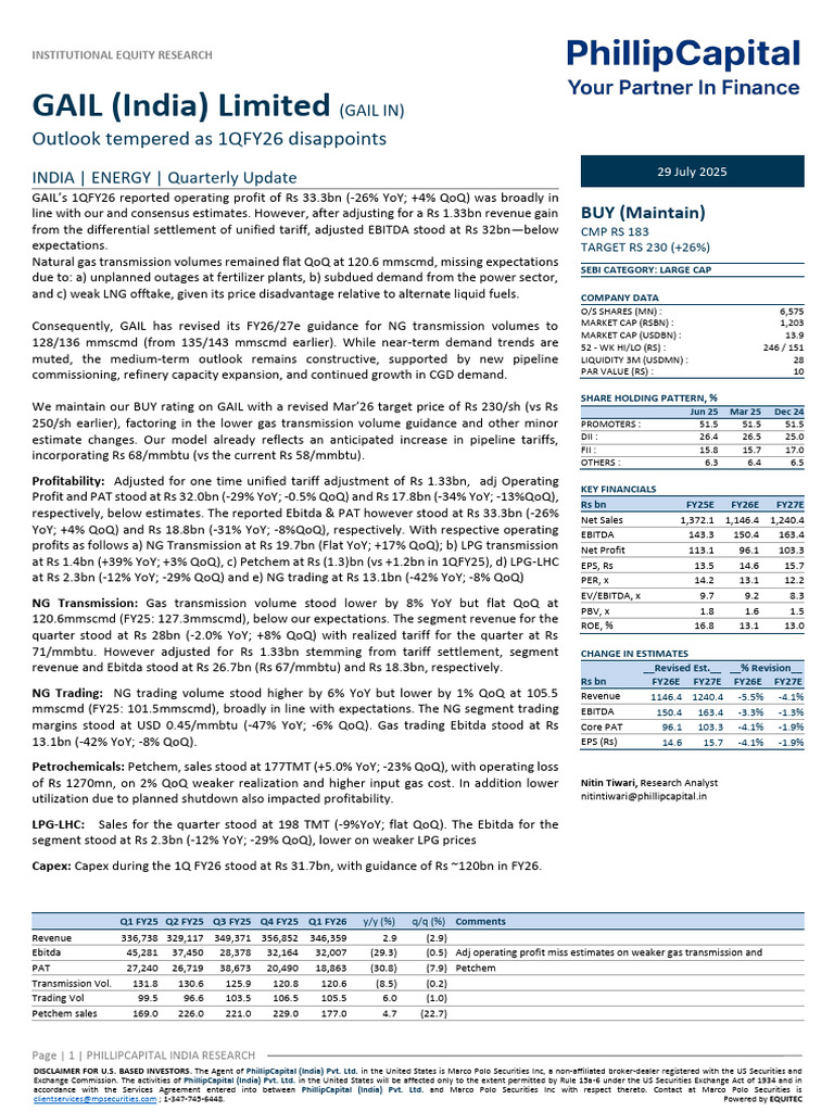 GAIL Q1 FY26 Earnings Update & Outlook | PDF | Financial Accounting ...