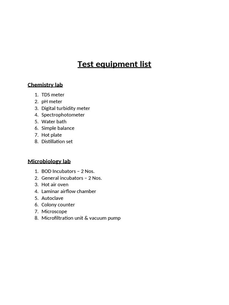 Chemistry and Microbiology Lab Equipment List | PDF