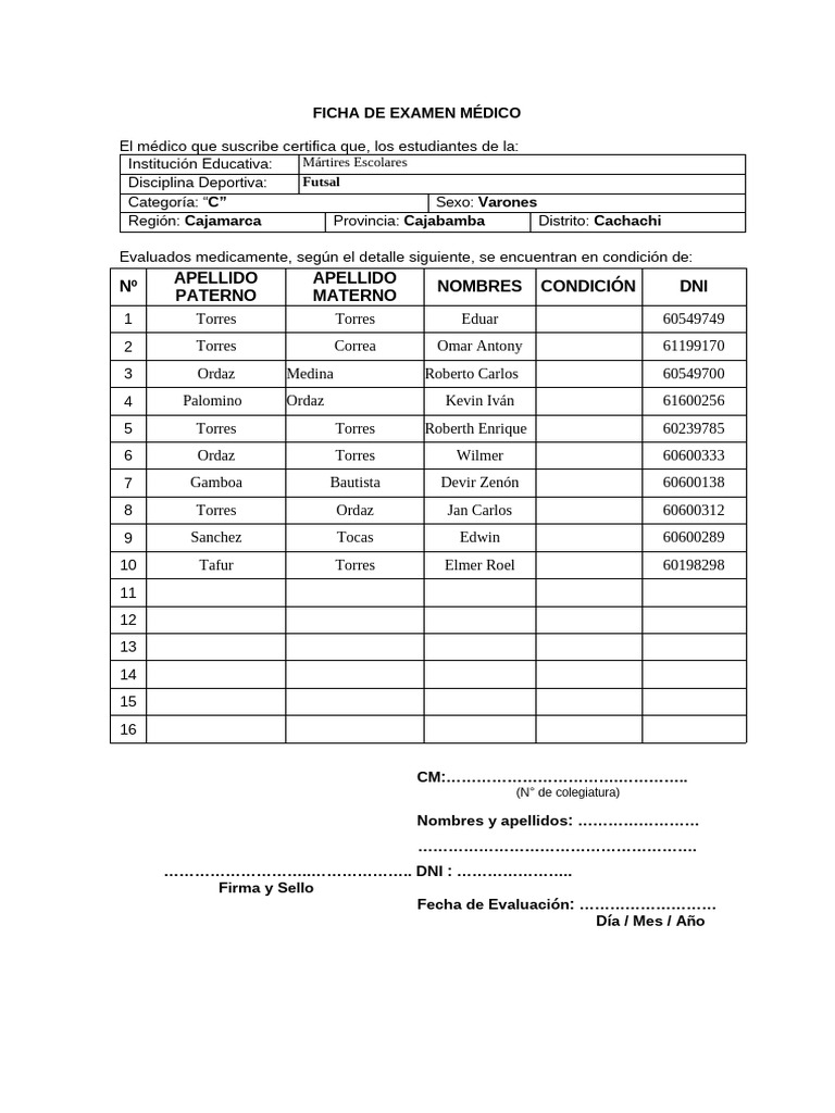 Ficha de Examen Medico-FUTSAL Varones 17 | PDF