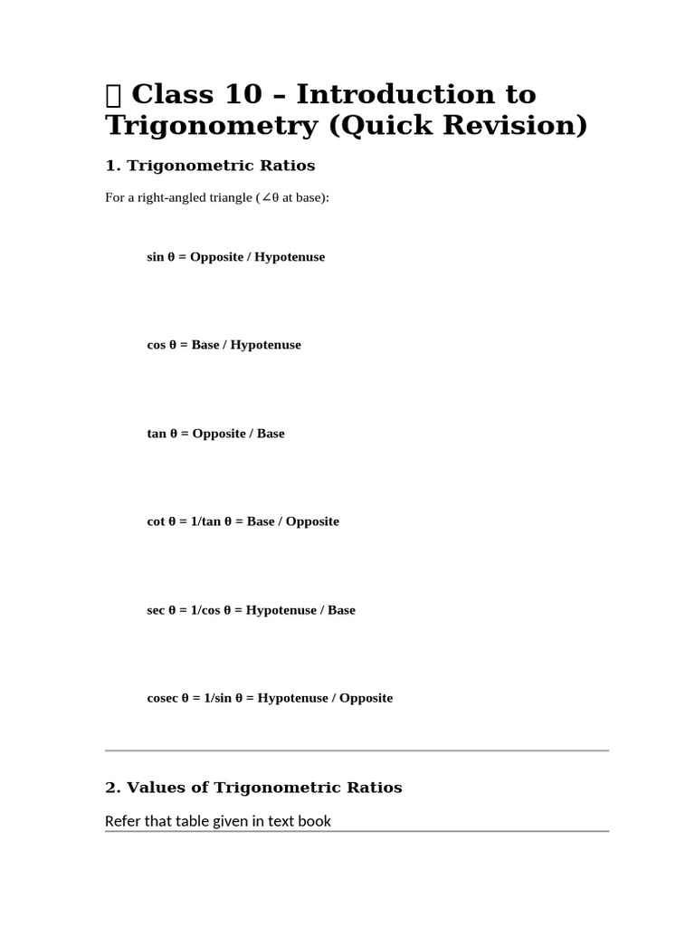 ? Class 10 – Introduction to Trigonometry | PDF | Trigonometry ...