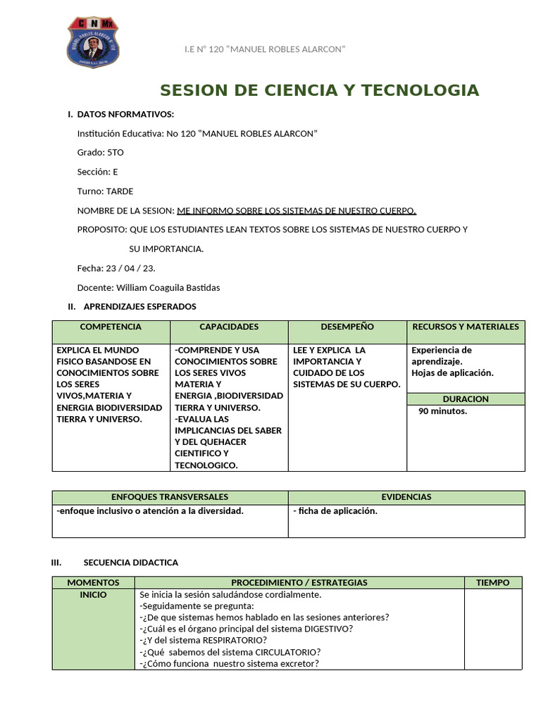 Sistemas del Cuerpo Humano en 5to Grado | PDF | Maestros | Aprendizaje