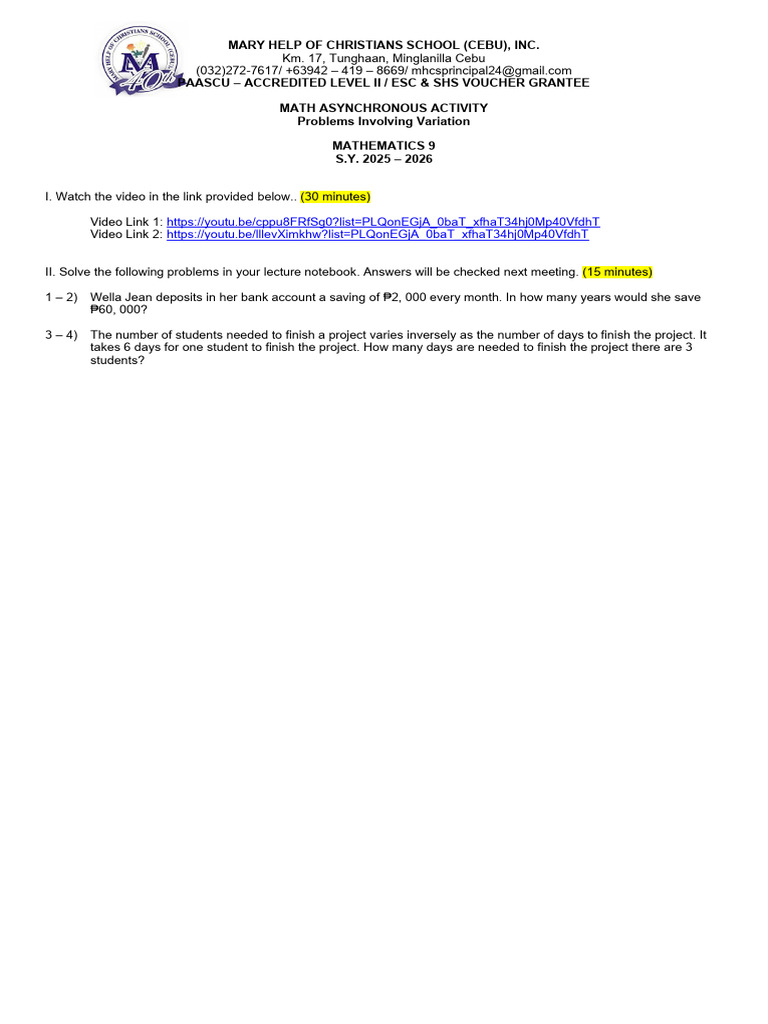 Math Variation Problems for Grade 9 | PDF