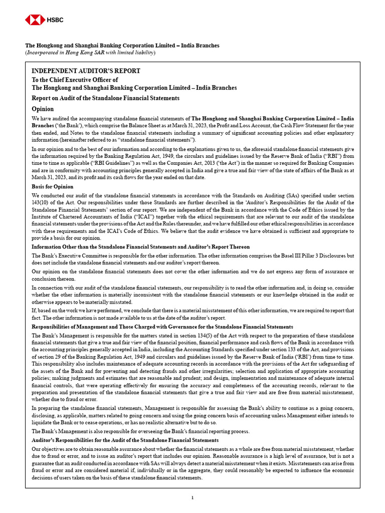 HSBC India Branches Financial Audit Report | PDF | Audit | Going Concern