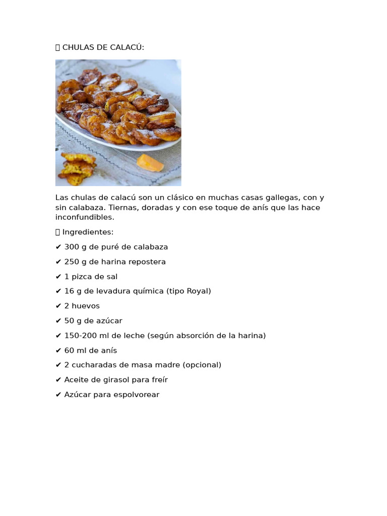 Chulas de Calabaza: Receta Gallega Fácil | PDF