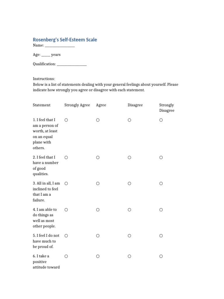 Rosenberg Self Esteem Scale OMR | PDF