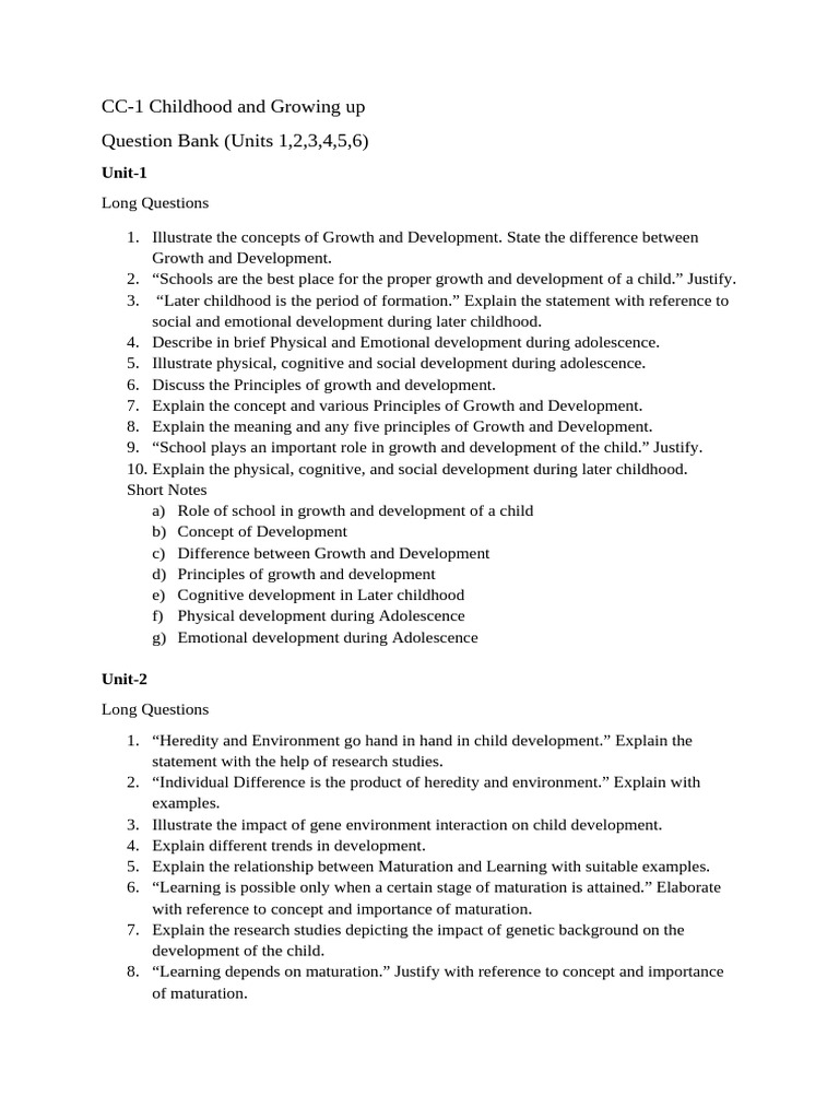 Childhood Development Question Bank | PDF | Child Development | Parenting