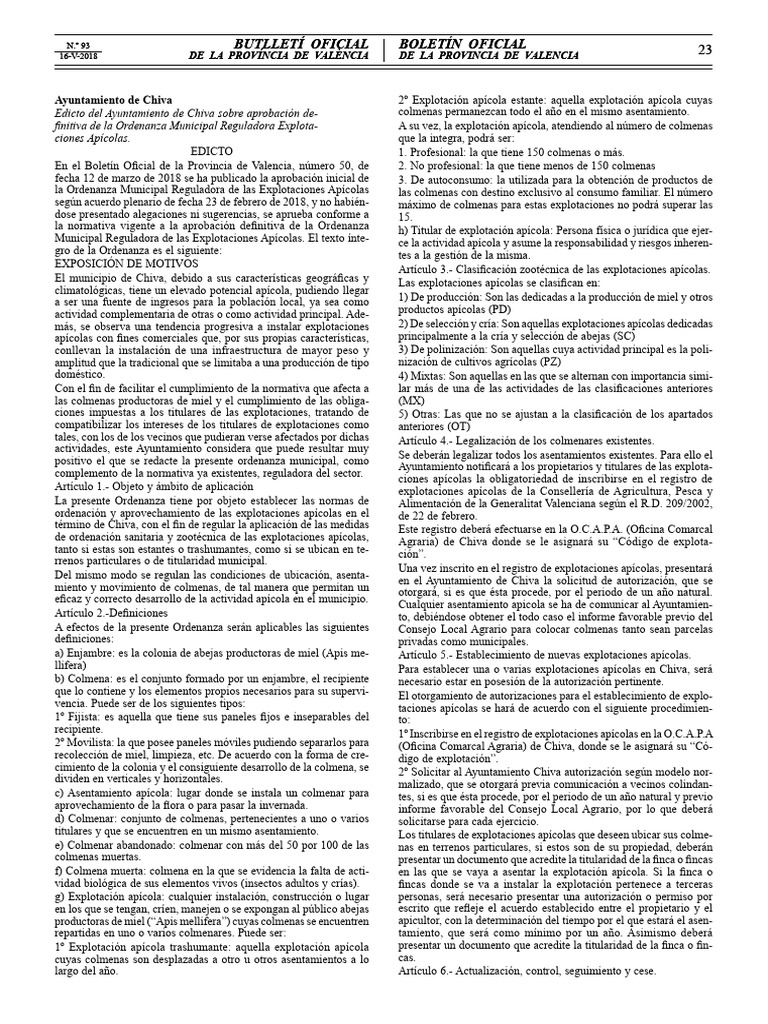 Publicacion Ordenanza Apicola Definitiva en Bop | PDF | Apicultura ...