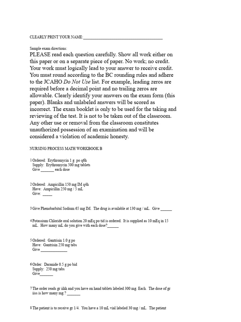 Nursing Process Math Workbook B 3-18-09 3 | PDF | Dose (Biochemistry ...