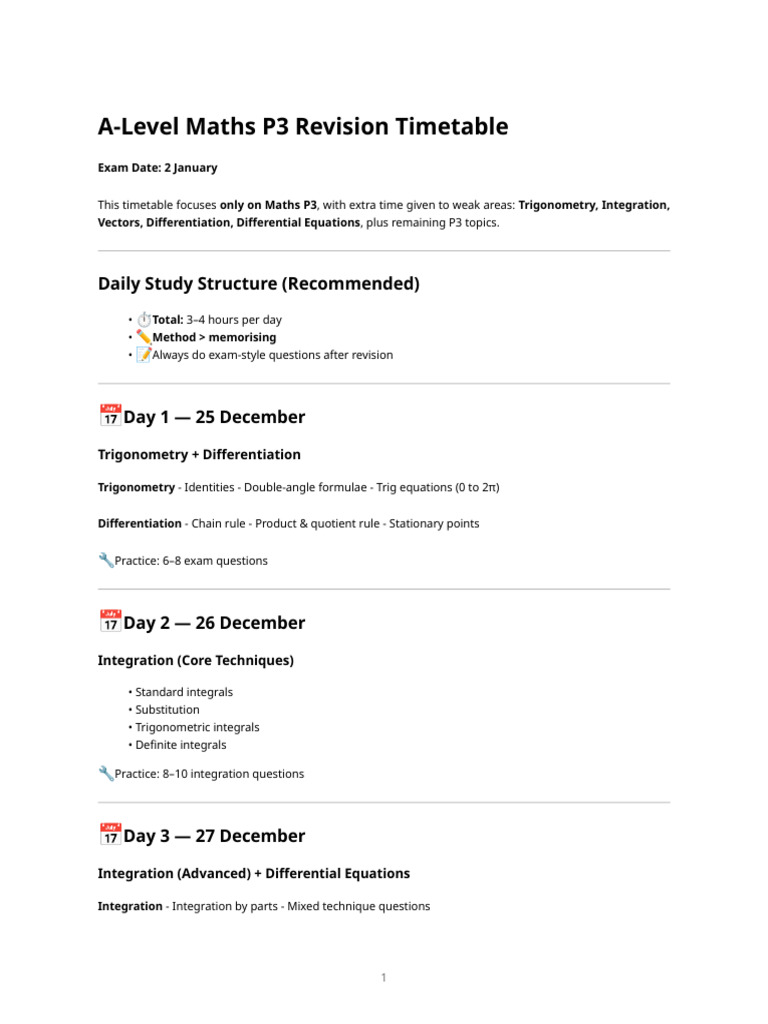A-level Maths P3 Revision Timetable | PDF