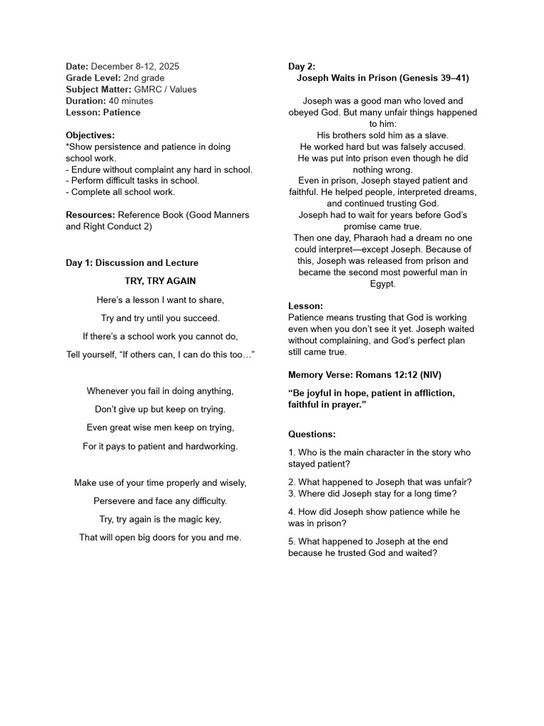 Lesson Plan Week 14 | PDF | Patience