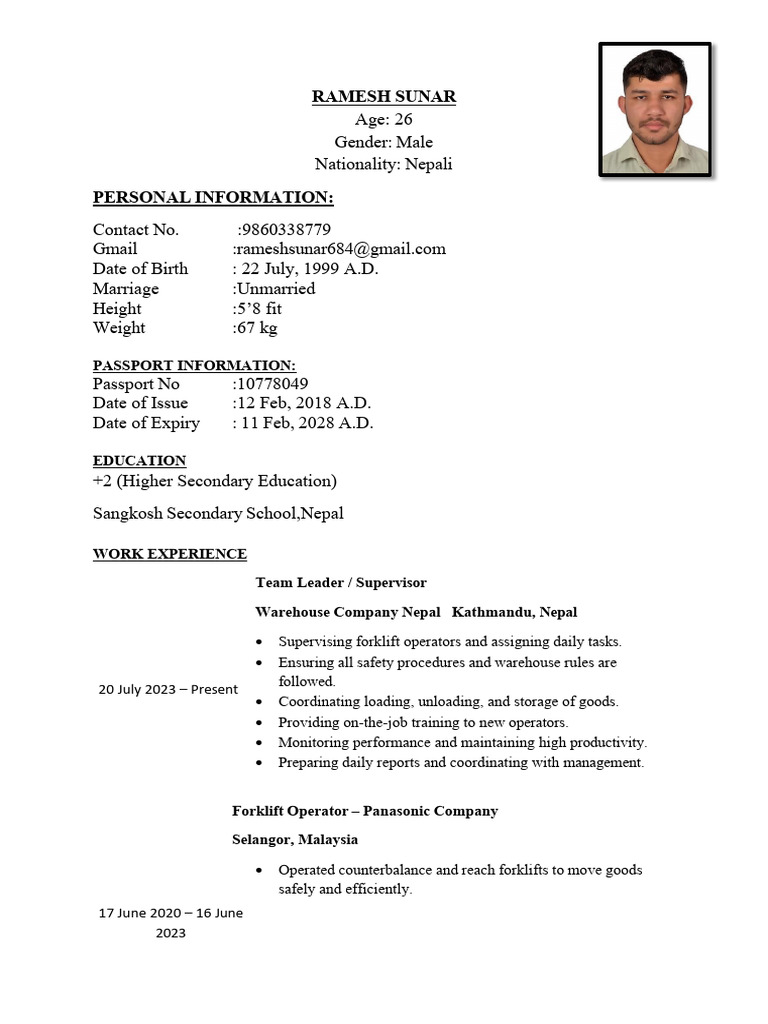 RAMESH SUNAR - CVV | PDF | Forklift | Warehouse