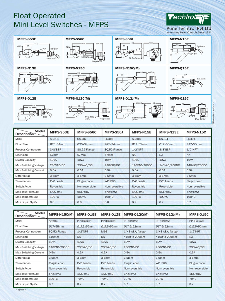 Mini Float Pivoted Level Switches For Liquids Mfps | PDF | Physical ...