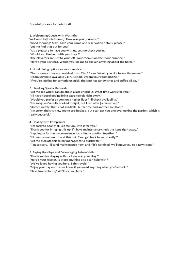 Essential Phrases For Hotel Staff | PDF