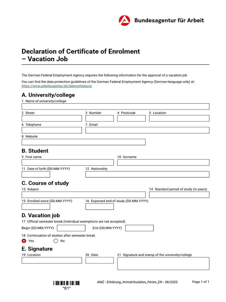 Vacation Job Enrollment Declaration Form | PDF