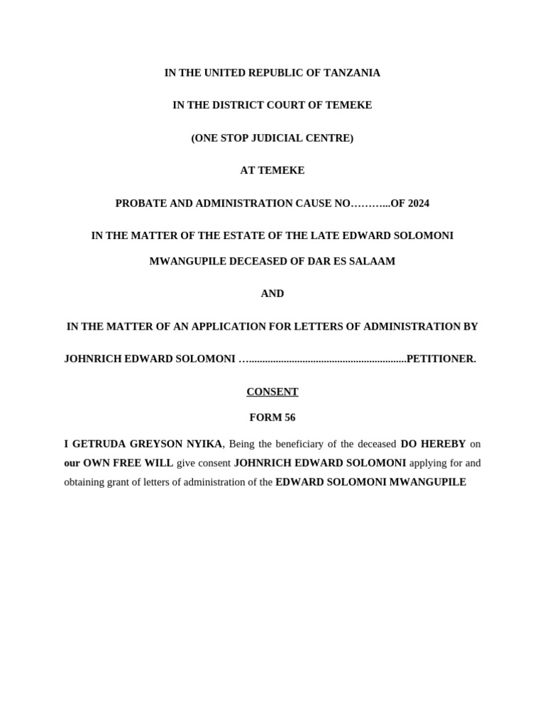Probate Application for Edward Mwangupile | PDF