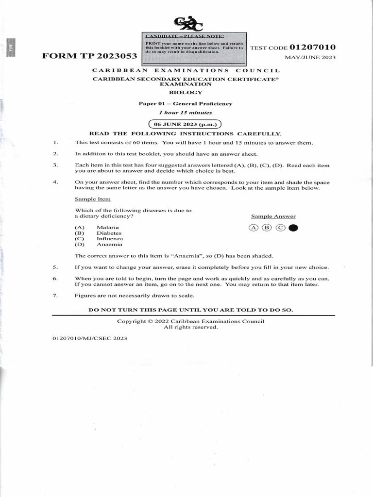 Csec Biology Mayjune p1 2023 Solutions | PDF