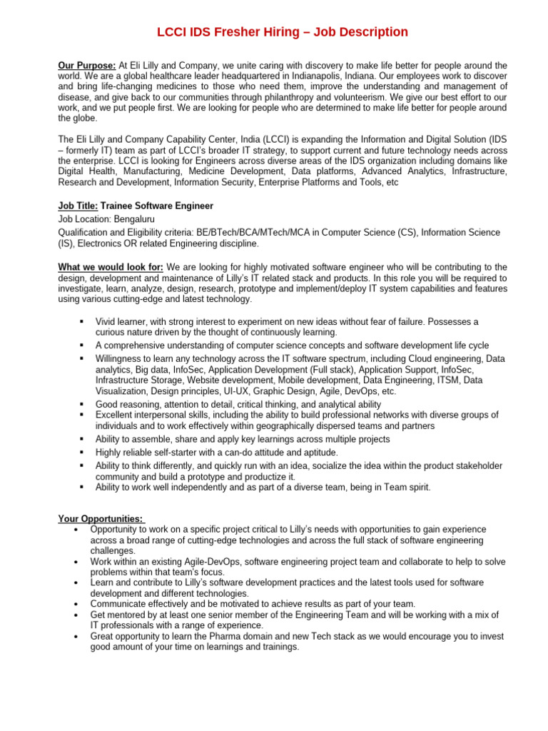 Job Description for Fresher Hiring_LCCI IDS | PDF | Engineering | Analytics