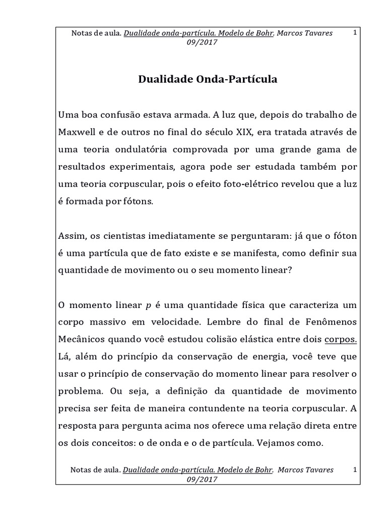 A3 - Dualidade e o Modelo de Borh | PDF | Elétron | Ondas