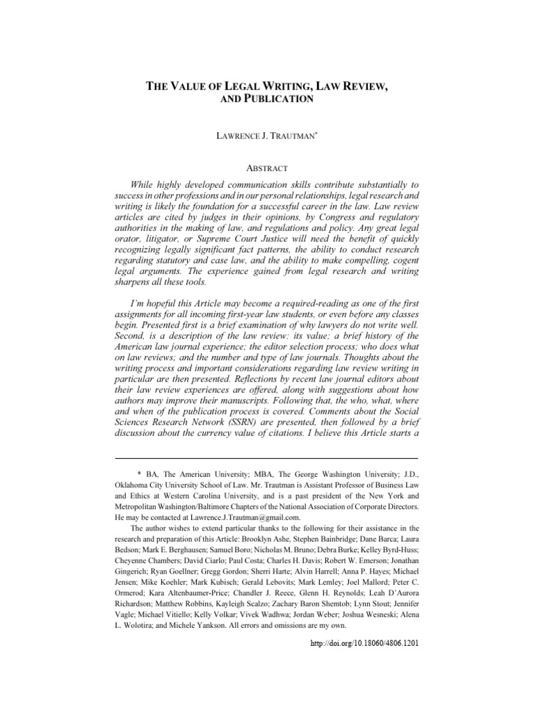 Lawrence J Trautman-The Value of Legal Writing Publication (2018) | PDF ...