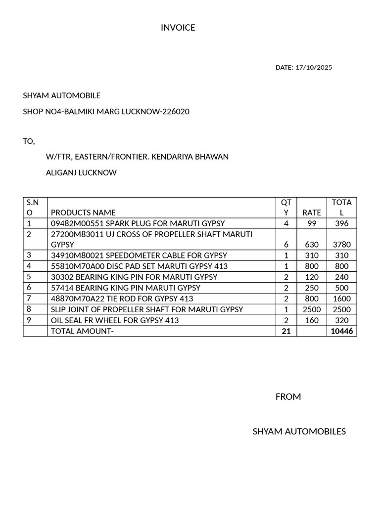 Maruti Gypsy Parts Invoice - Shyam Auto | PDF