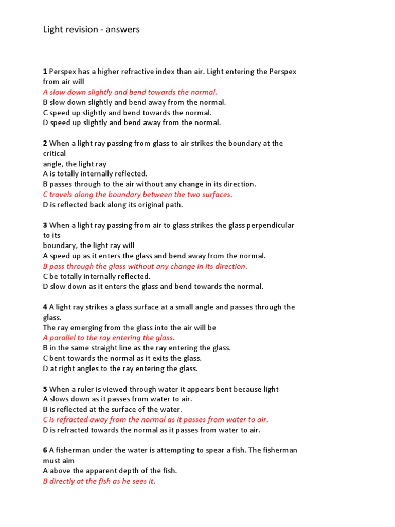 Light Revision - Answers | Lens (Optics) | Refraction
