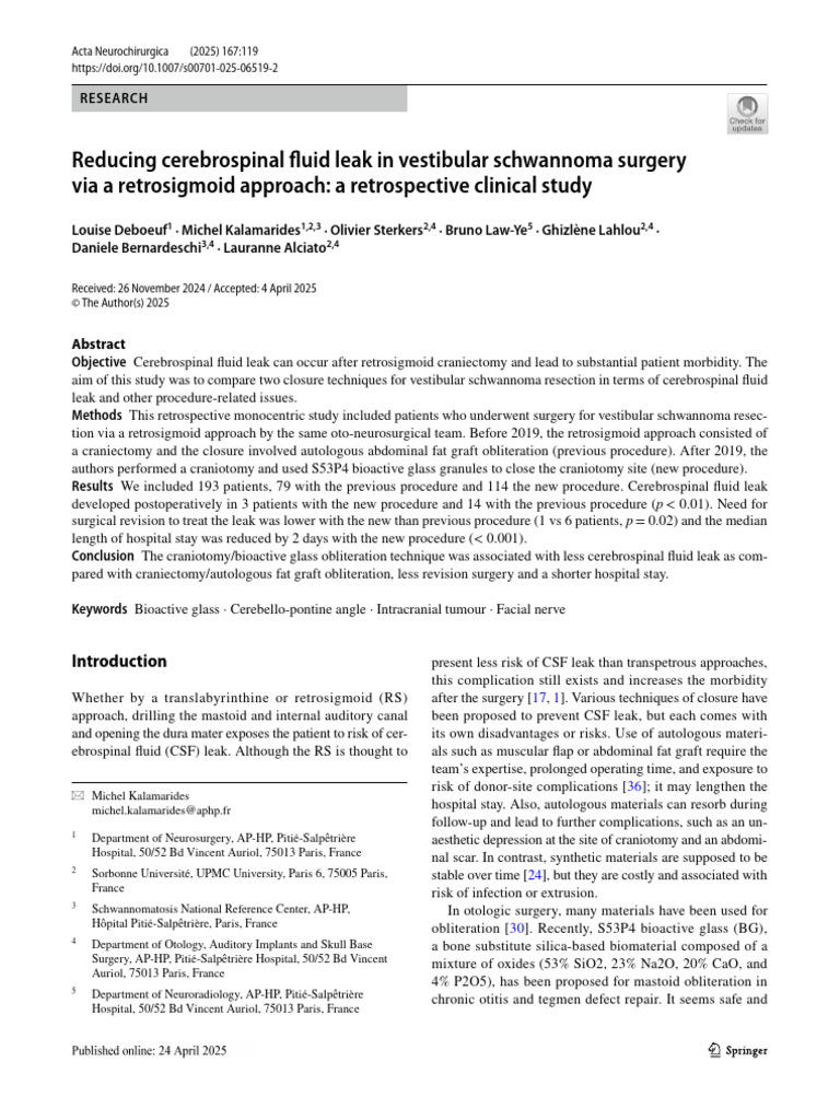 Reducing Cerebrospinal Fluid Leak in Vestibular Schwannoma Surgery Via ...